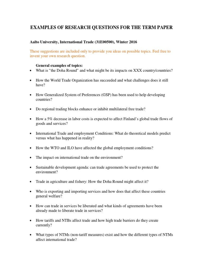 Examples of Term Paper Research Questions | PDF | Trade | World Trade ...