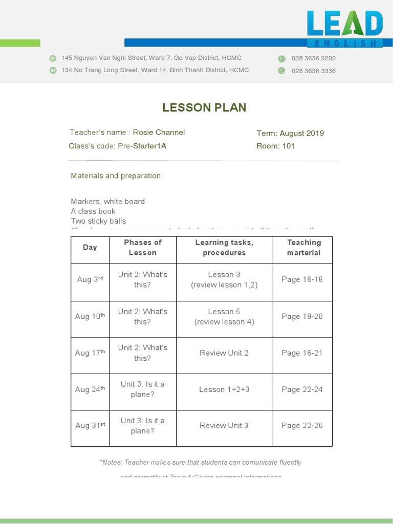 Lesson Plan: Teacher's Name: Rosie Channel CL Ass's Code: Pre-Starter1A ...