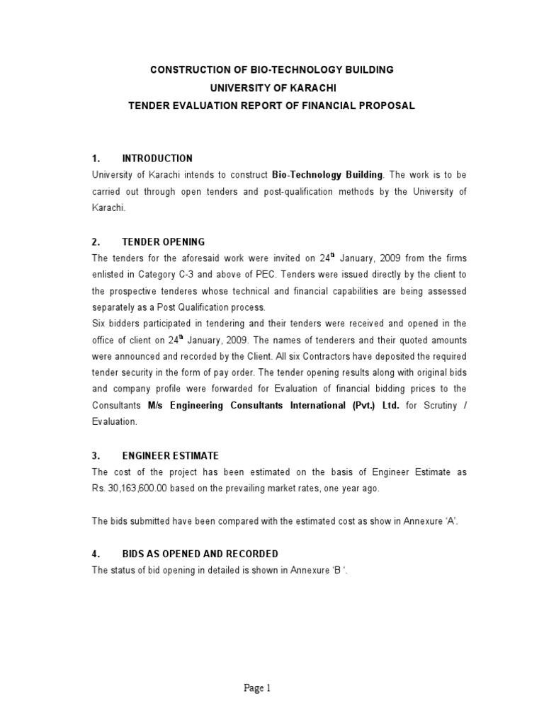 Construction of Bio-Technology Building University of Karachi Tender Evaluation Report of ...