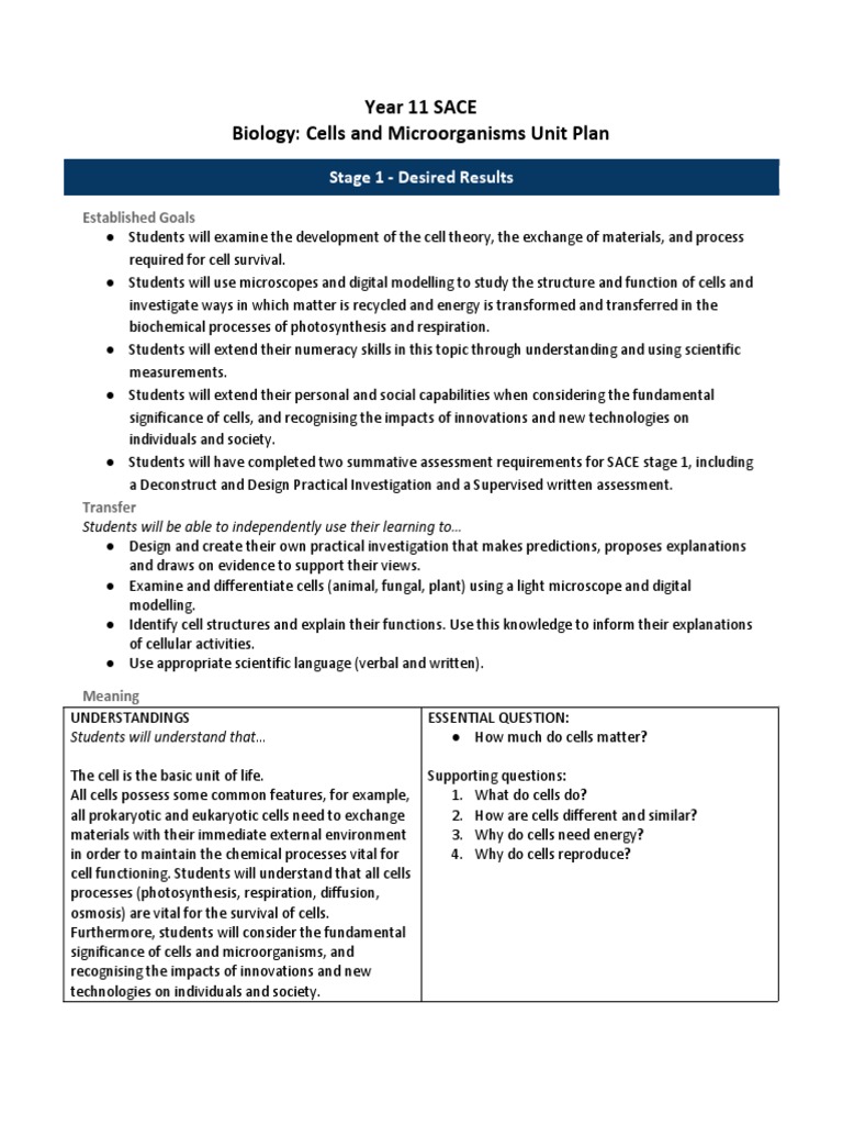 Biological Sciences Year 11 Unit Plan | PDF | Cell (Biology ...