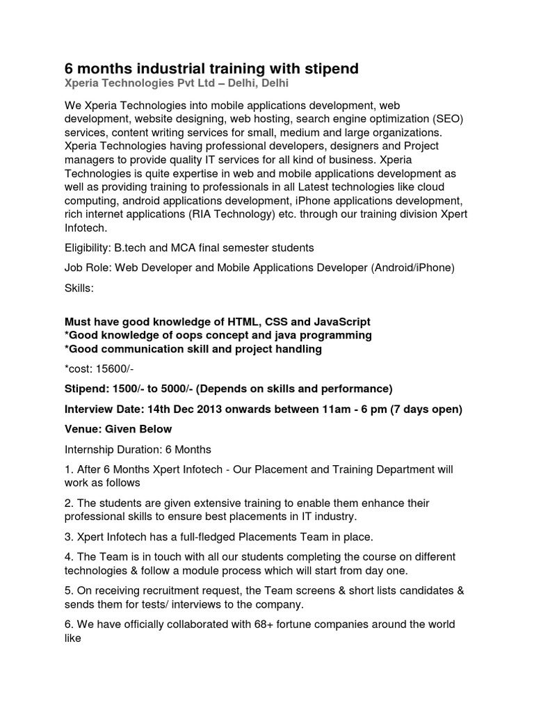 6 Months Industrial Training With Stipend | PDF | Mobile App | World ...