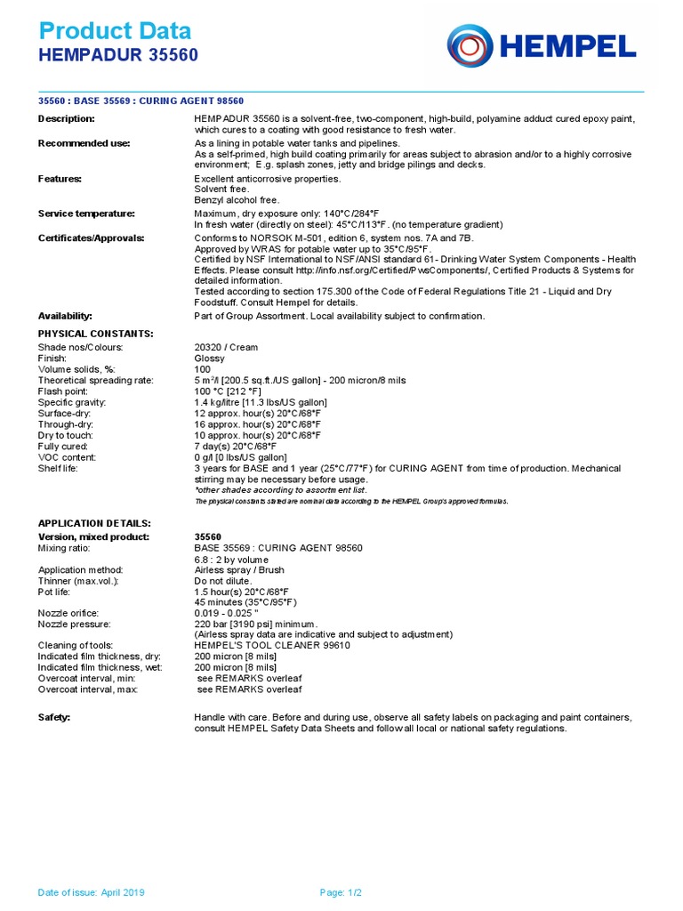 HEMPADUR 35560: Potable Water Coating | PDF | Paint | Humidity