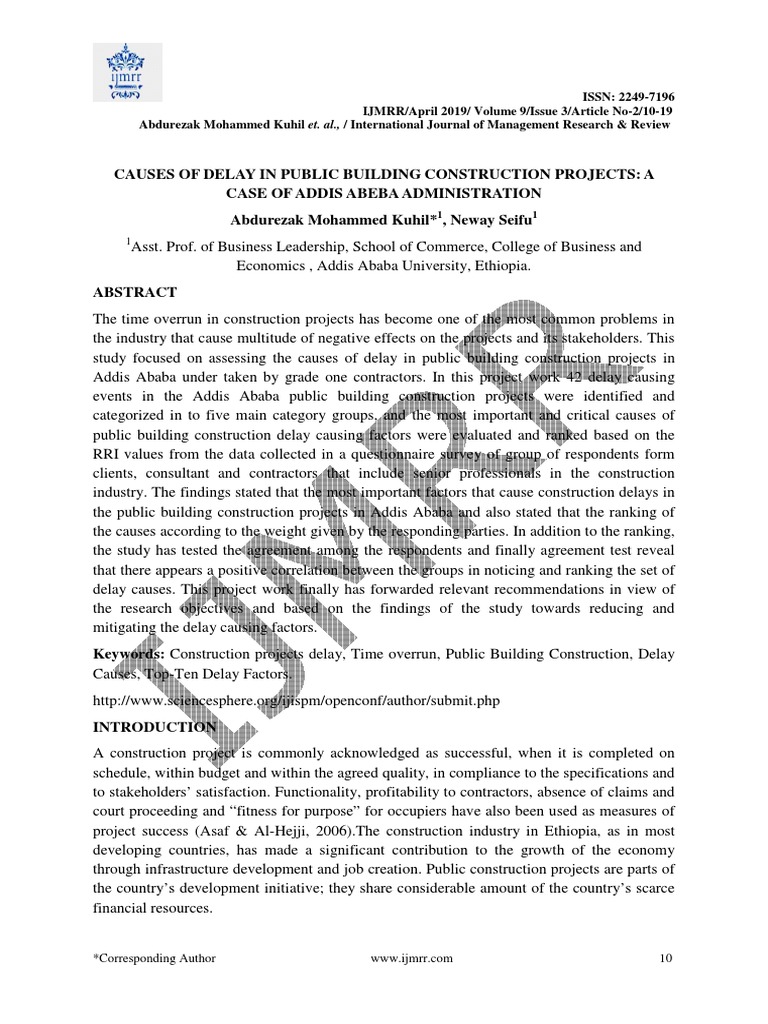 Causes of Delay in Public Building Construction Projects: A Case of Addis Abeba Administration ...