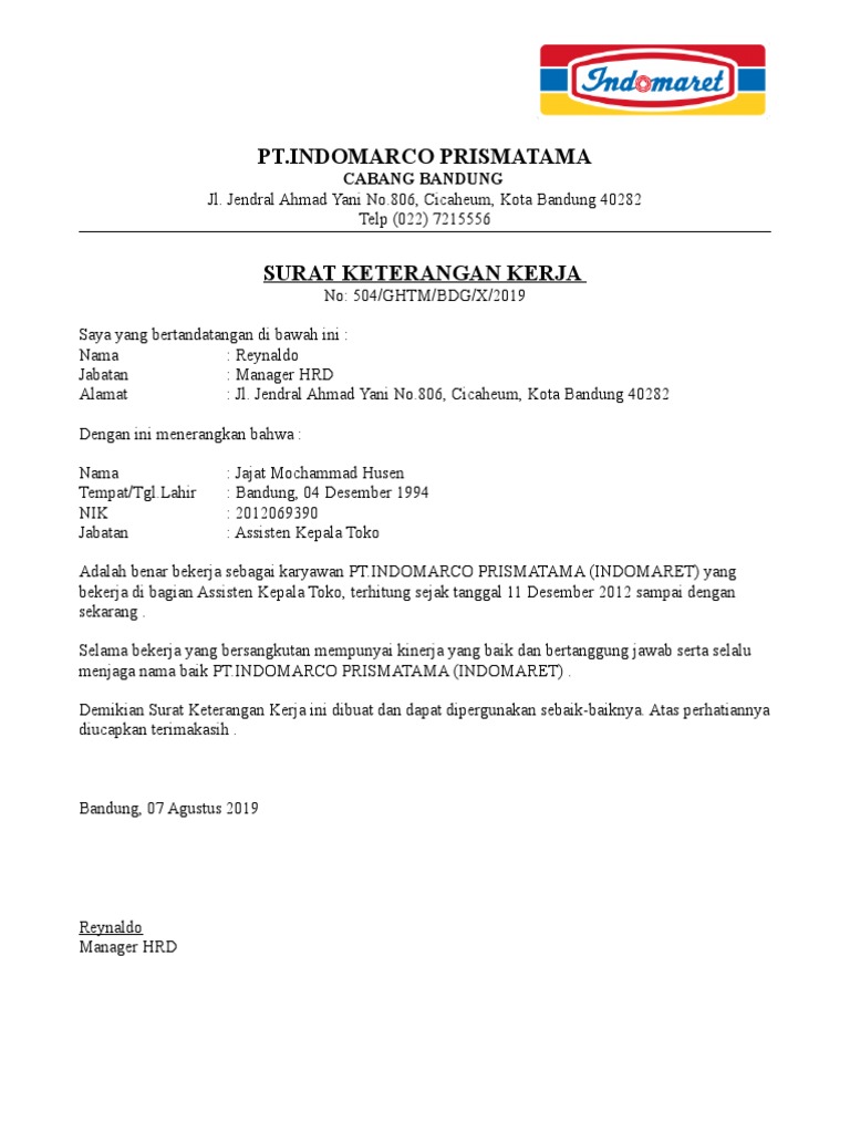 Surat Keterangan Kerja | PDF