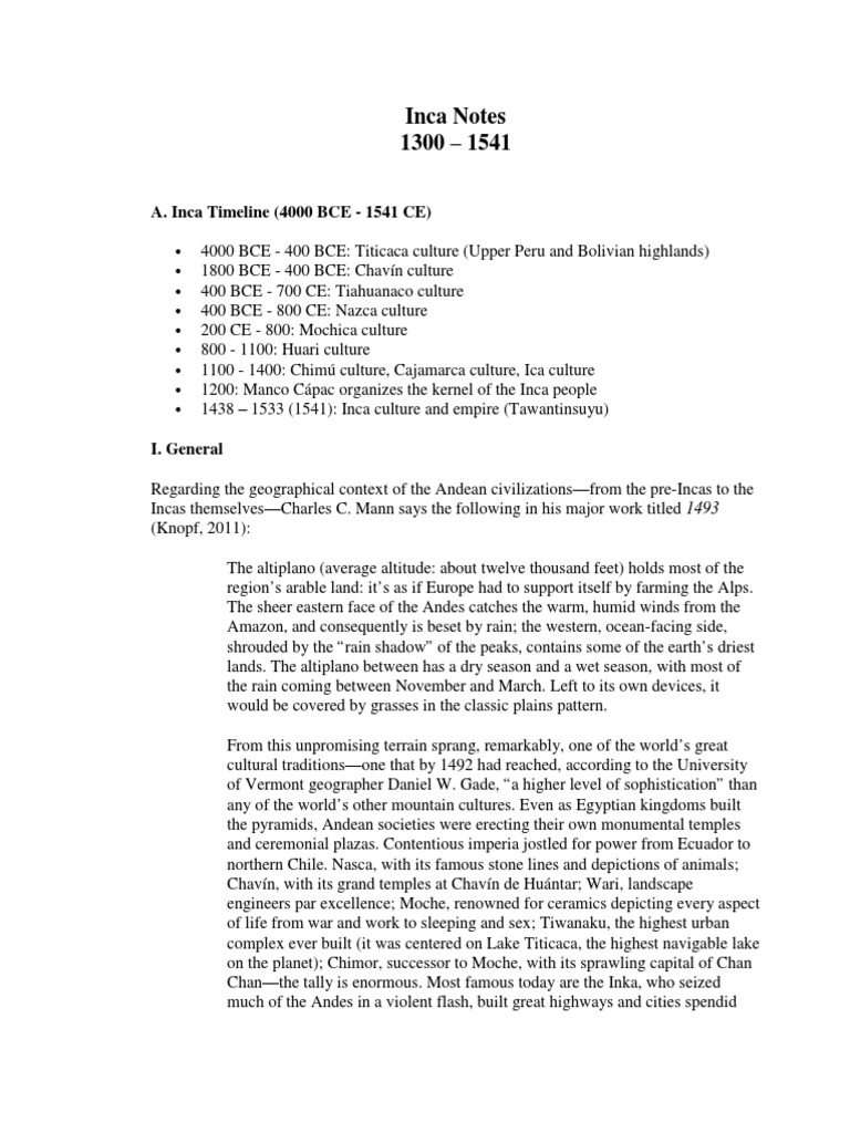Inca Notes 1300 - 1541: A. Inca Timeline (4000 BCE - 1541 CE) | PDF ...