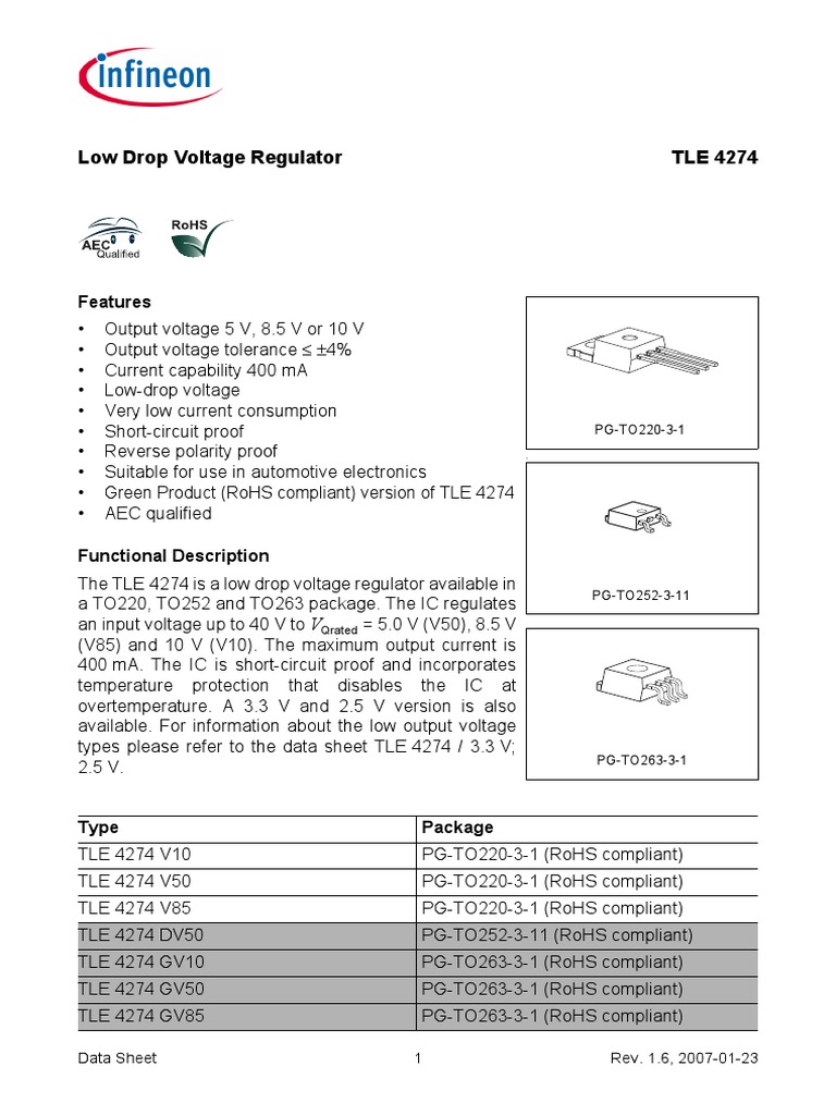 Low Drop Voltage Regulator TLE 4274: Features | PDF | Capacitor ...
