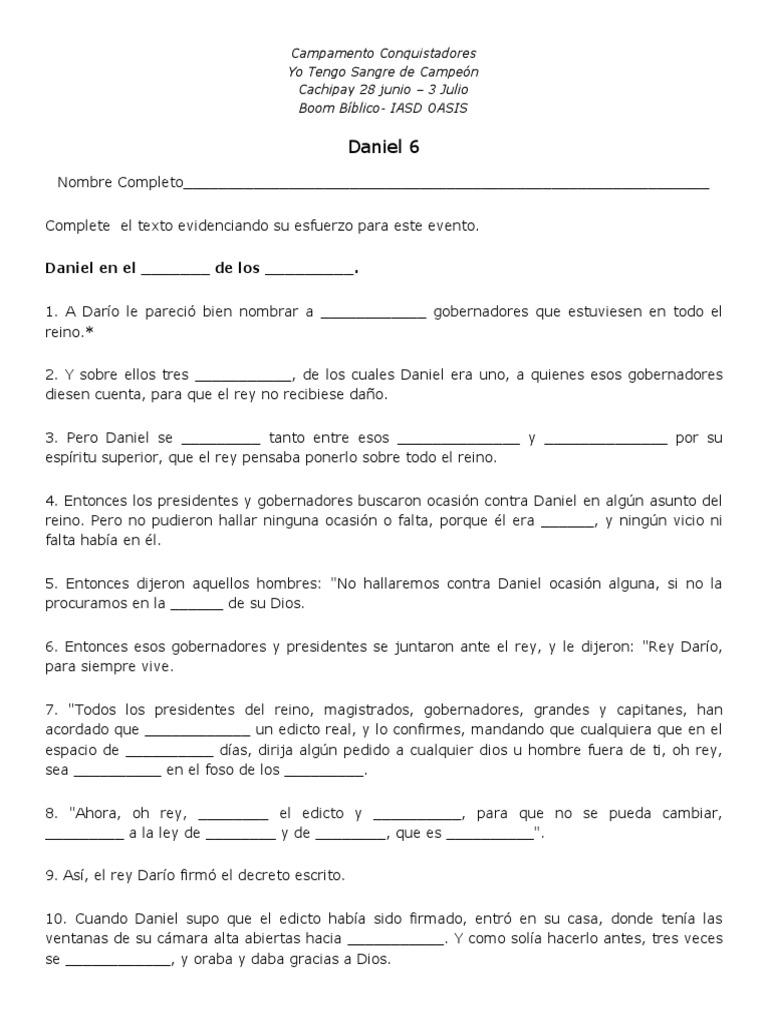 Cuestionario Daniel 6 | PDF | Daniel (figura bíblica) | Violencia