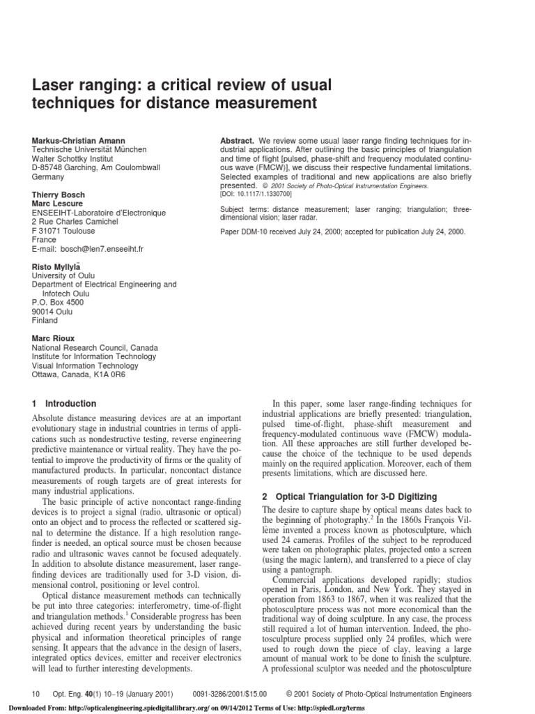 Laser Ranging: A Critical Review of Usual Techniques For Distance ...