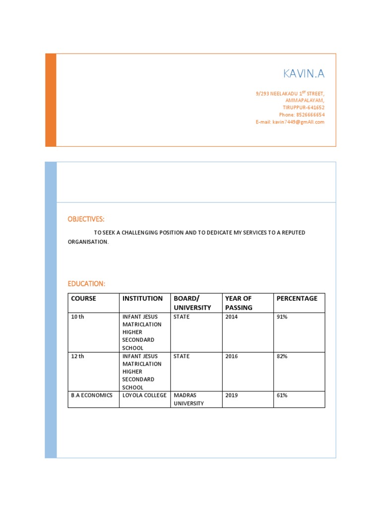 Kavin A (Resume) | PDF