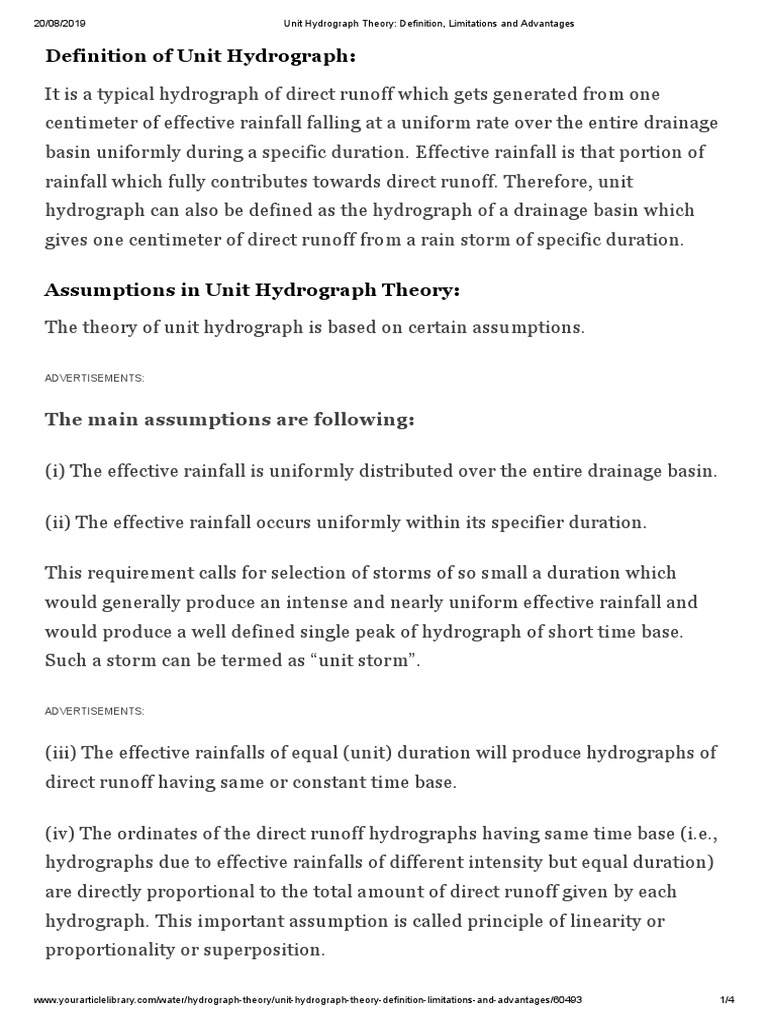 Unit Hydrograph Theory - Definition, Limitations and Advantages | PDF | Drainage Basin ...