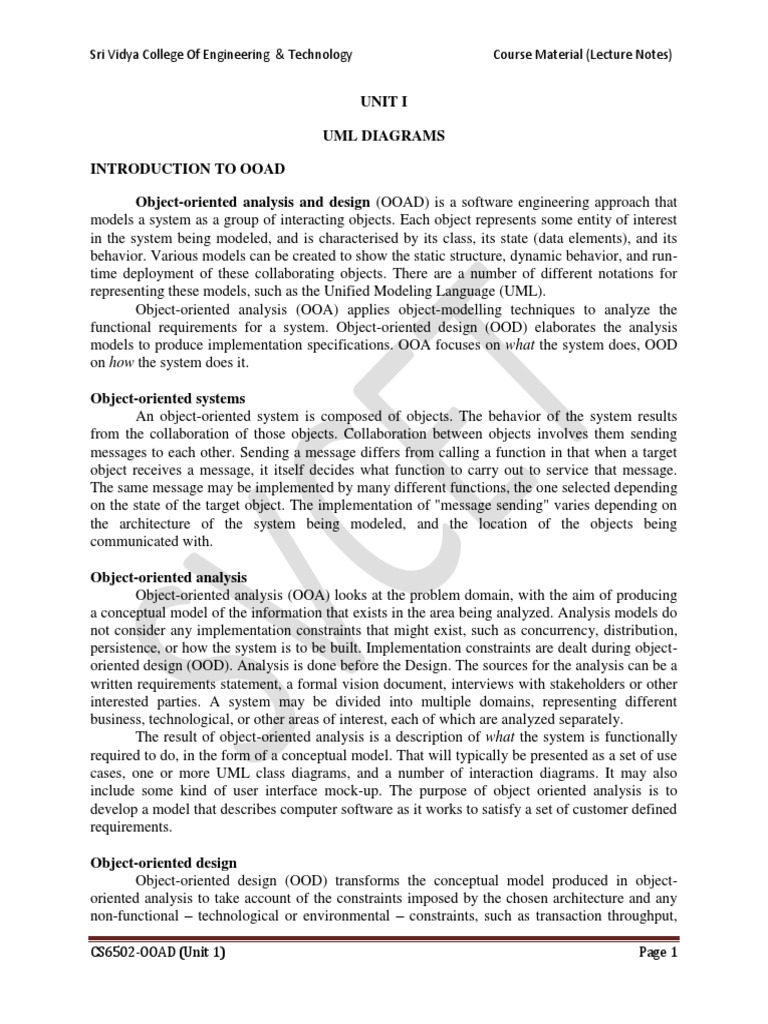 Unit I Uml Diagrams Introduction To Ooad Object-Oriented Analysis and Design (OOAD) Is A ...