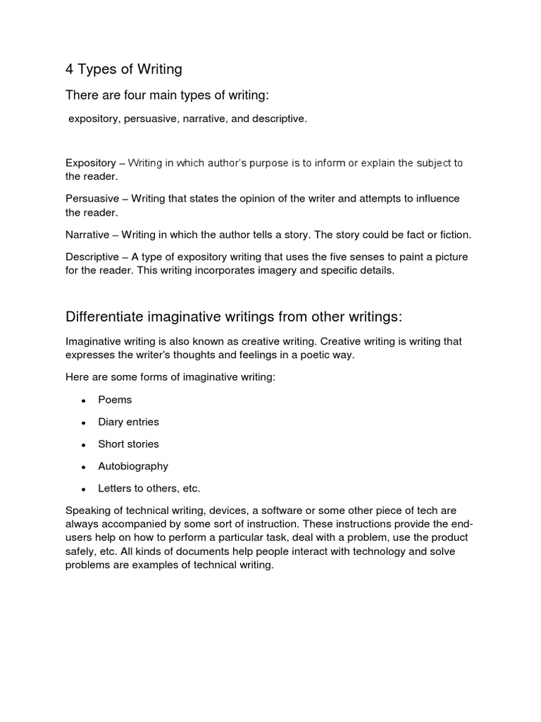 4 Types of Writing | PDF | Writers | Narrative