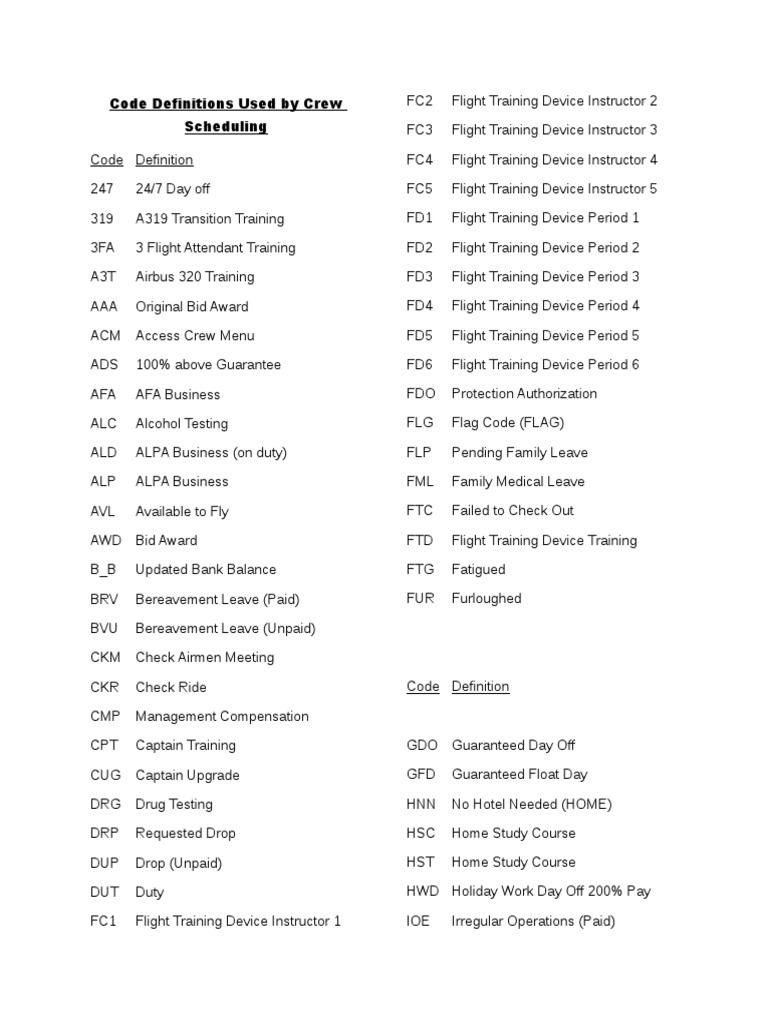 Code Definitions Crew Scheduling | PDF | Employee Relations | Working ...