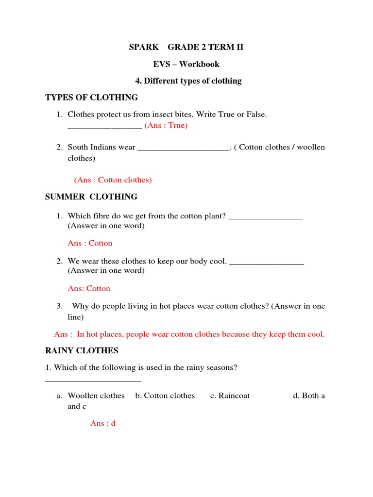 Our Clothes Worksheet for Class 2 | PDF | Silk | Clothing