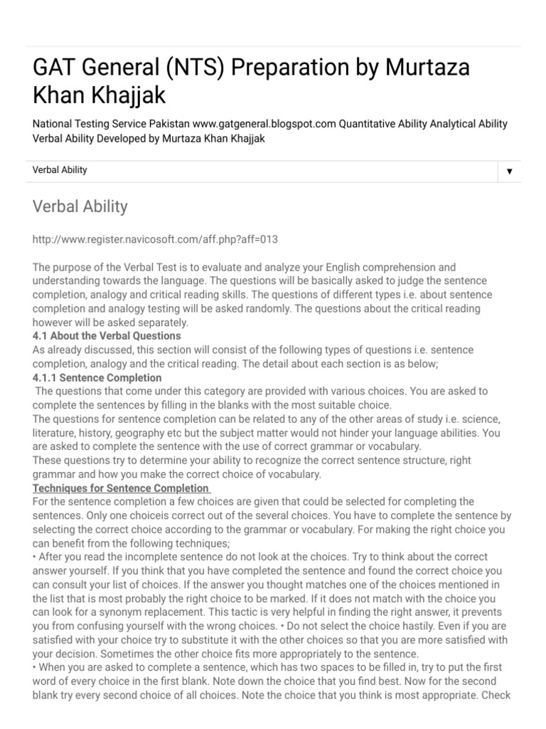GAT General (NTS) Preparation by Murtaza Khan Khajjak - Verbal Ability PDF | PDF | Reading ...