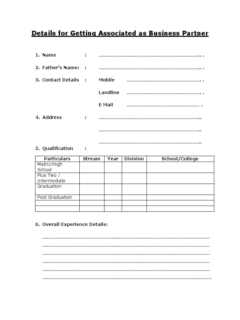 Business Partner Application Form | PDF | Career & Growth