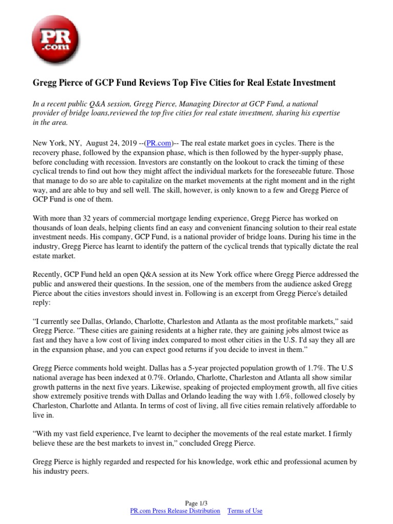 Gregg Pierce of GCP Fund Reviews Top Five Cities For Real Estate ...