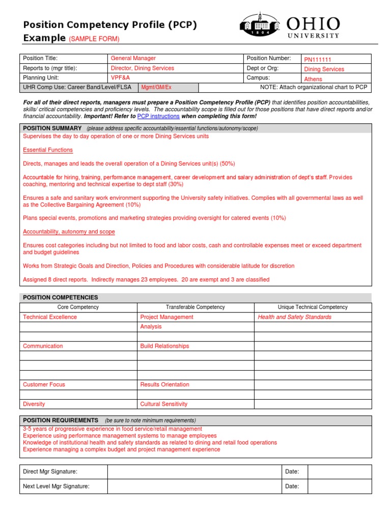 Position Competency Profile (PCP) Example: (Sample Form) | PDF ...