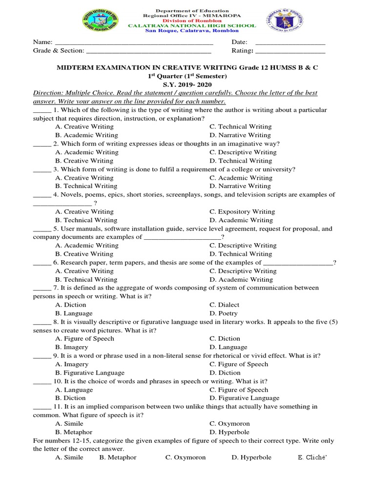 Midterm Exam - Creative Writing | PDF | Narration | Writing