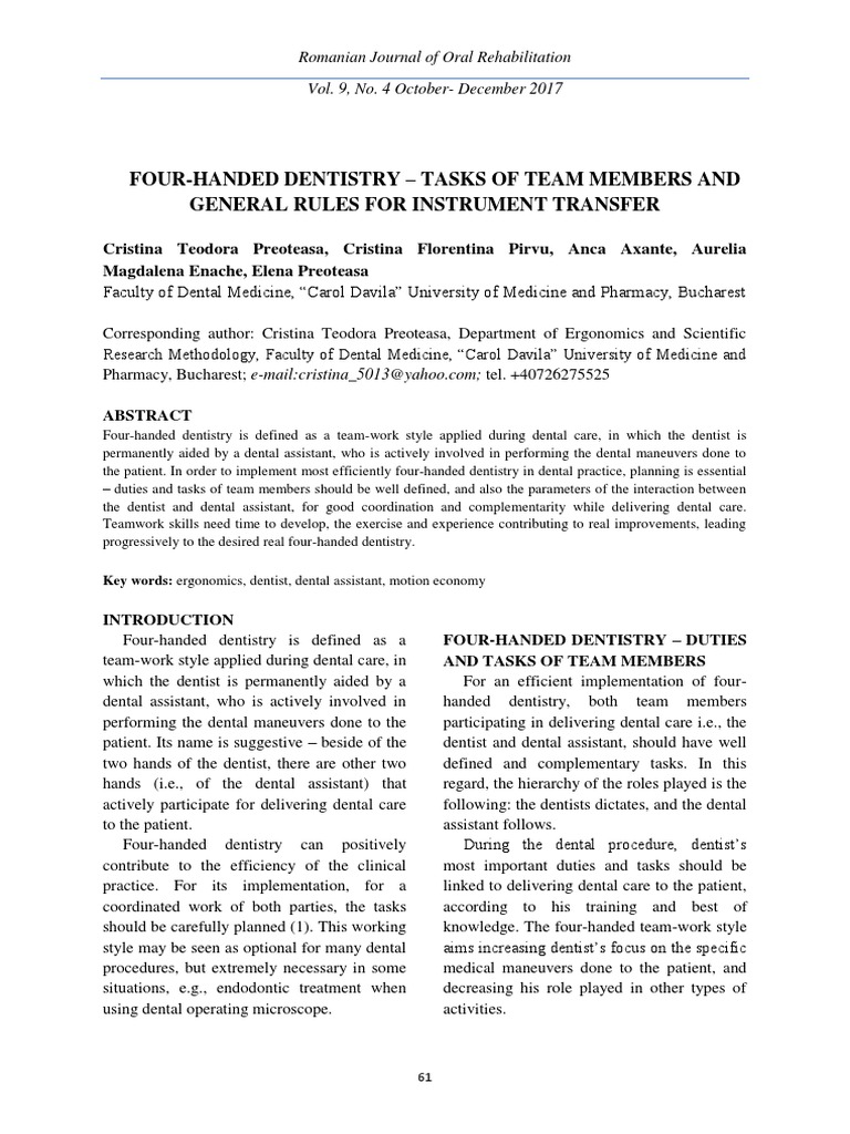 Four Handed Dentistry - Tasks of Team Members and General Rules For ...