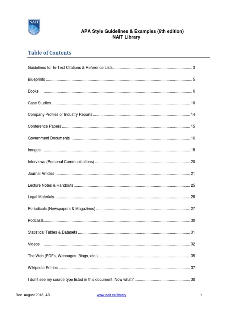 APA Style Guidelines & Examples (6th Edition) NAIT Library: Rev. August ...