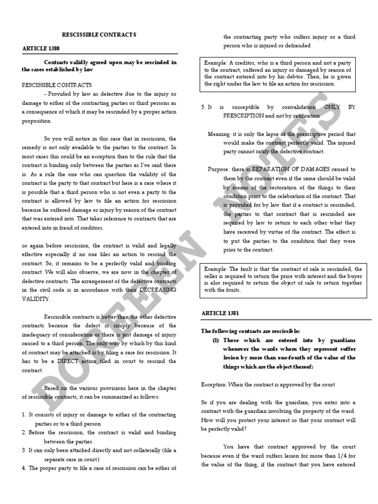 Rescissible Contracts 1 | PDF | Legal Guardian | Damages
