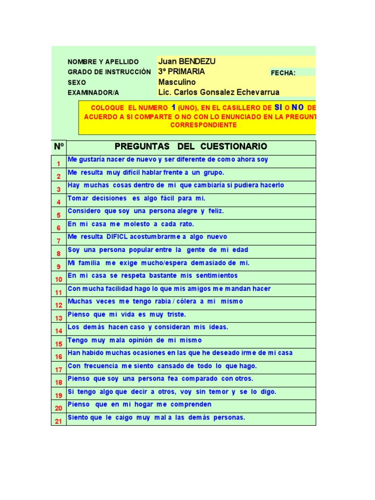 Test de Autoestima - Niños + Automatizado Prueba de Autoestima | PDF