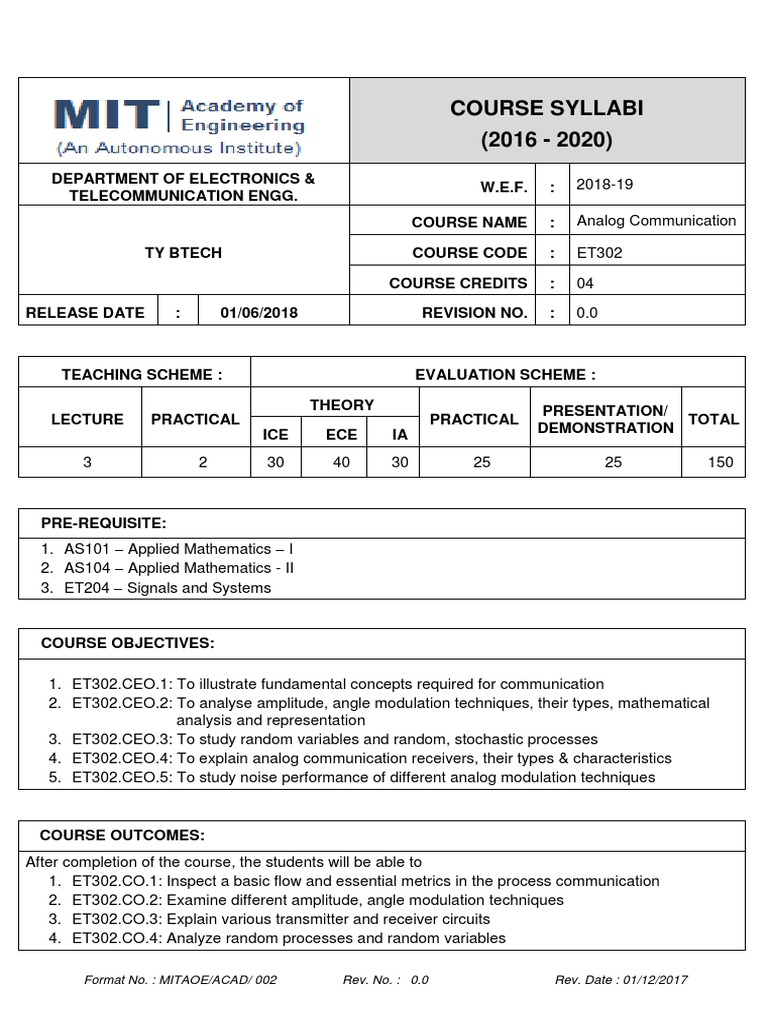 Analog Communication Course Syllabus for Department of Electronics & Telecommunication ...