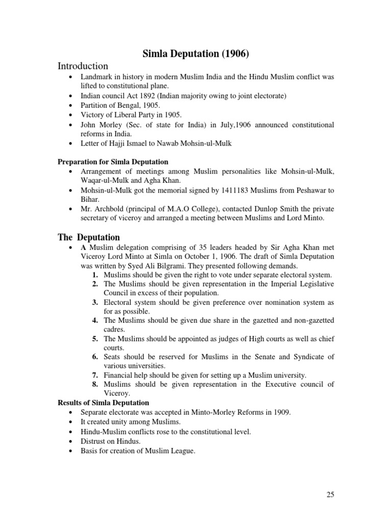 Simla Deputation PDF | PDF | Politics Of India | British India