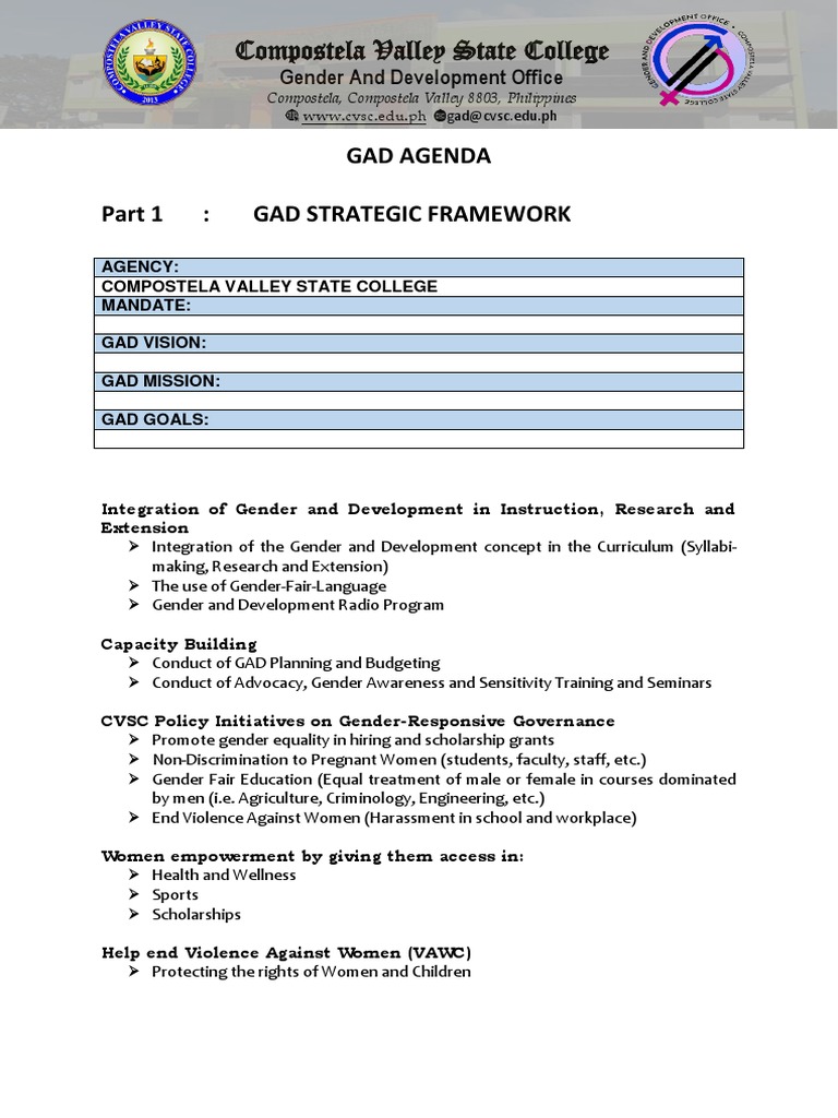 Compostela Valley State College: Gad Agenda: Gad Strategic Framework | PDF