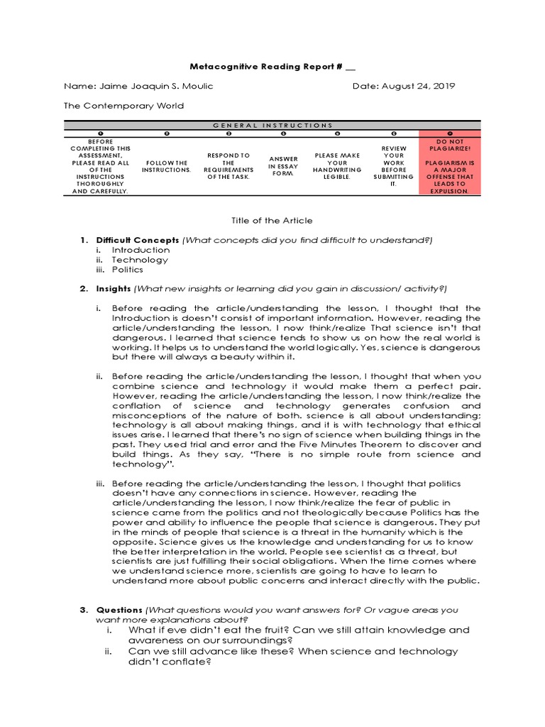 Metacognitive Reading Report | PDF | Understanding | Metacognition