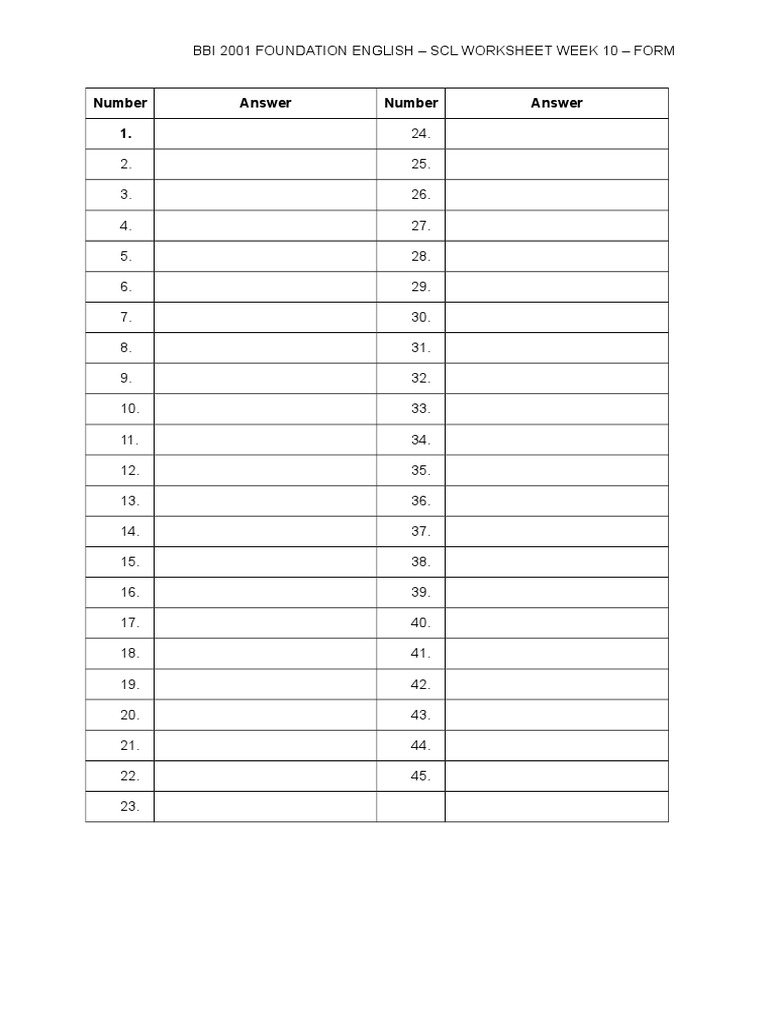 Number Answer Number Answer 1.: Bbi 2001 Foundation English - SCL ...