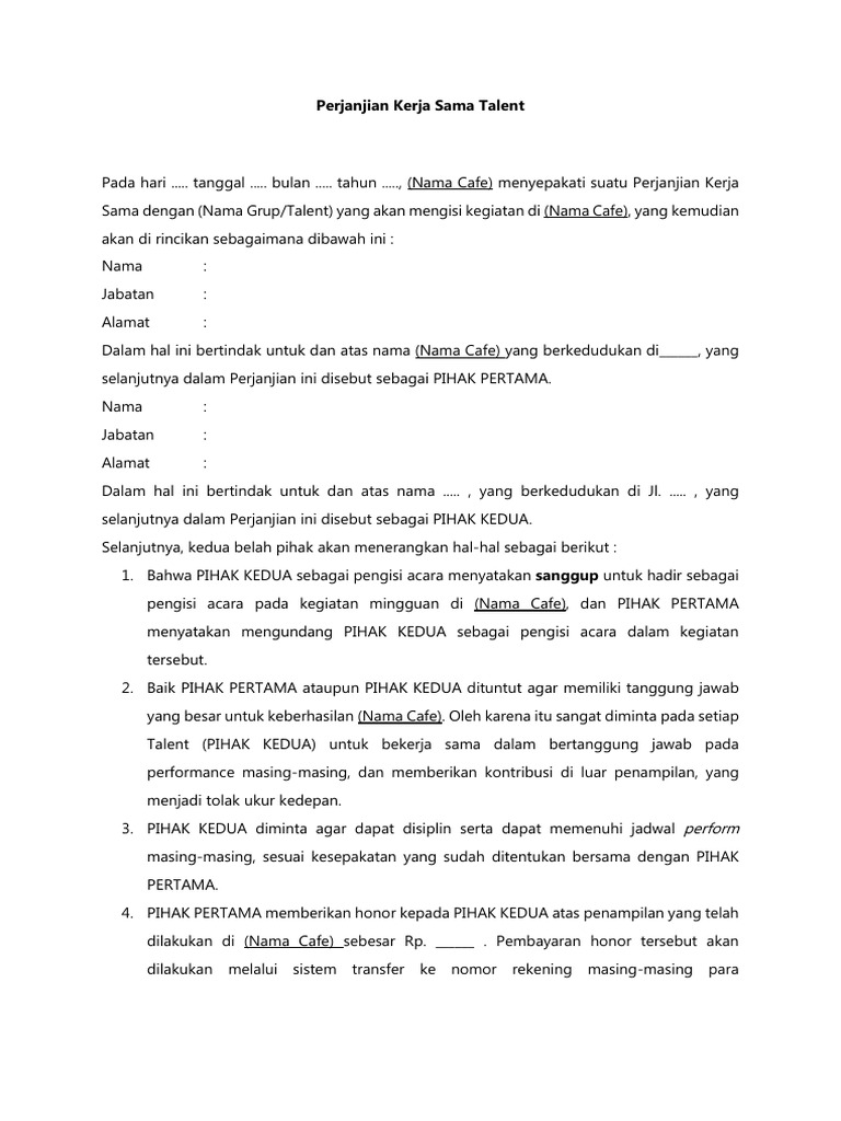 Perjanjian Kerjasama Antara Cafe Dengan Talent PDF | PDF | Bisnis | Pengelolaan Keuangan & Uang