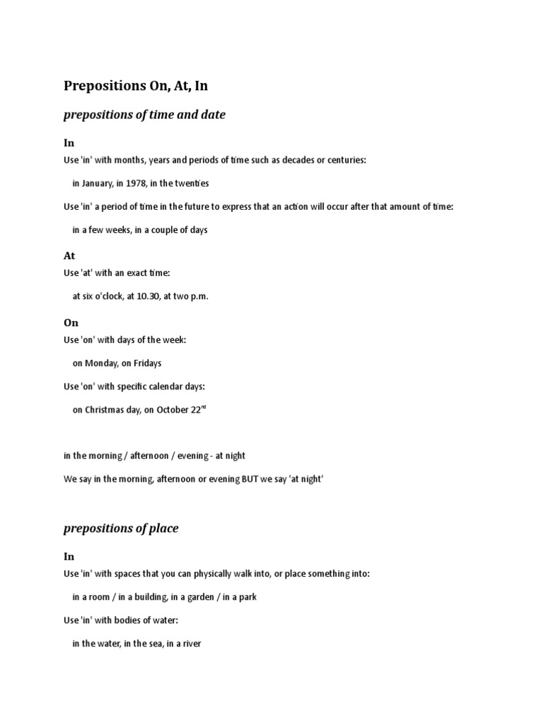 English Grammar Prepositions On in at | PDF | Preposition And Postposition | English Language