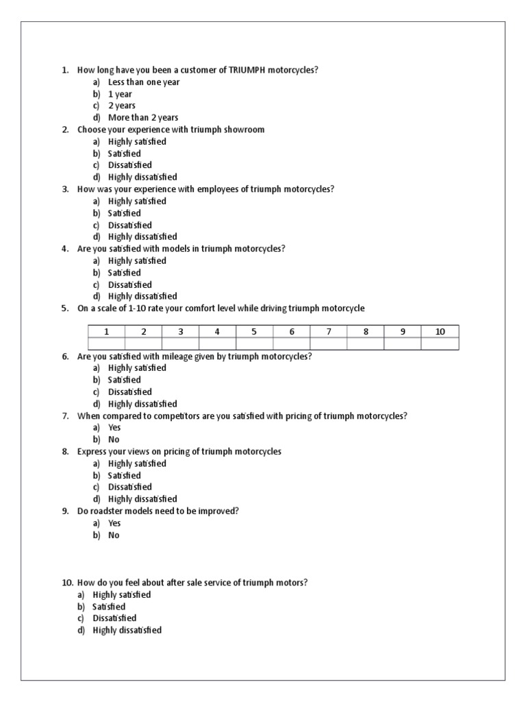 A study on customer satisfaction of triumph motorcycles ( questionnaire ...