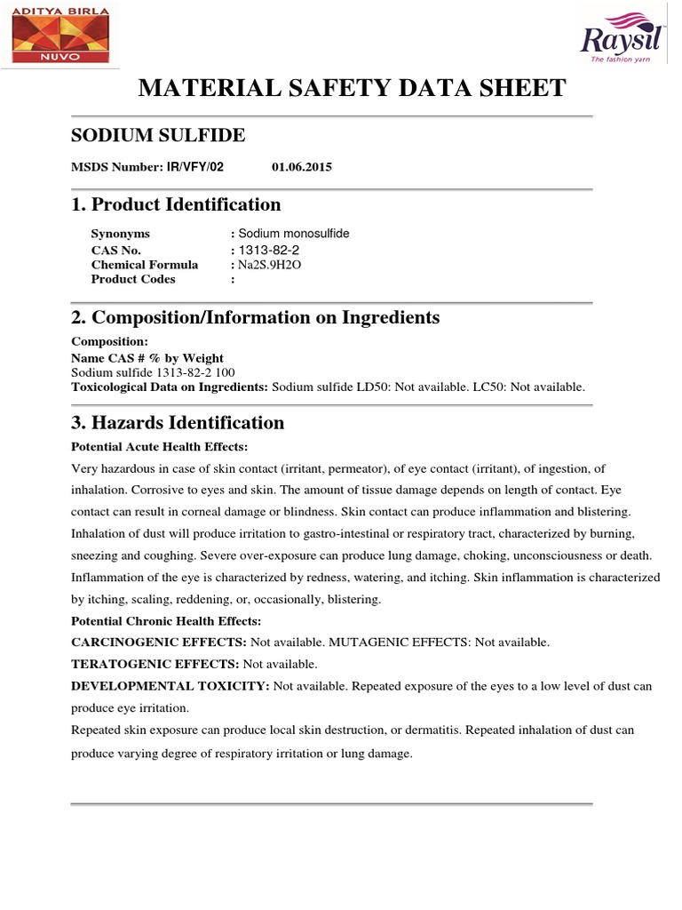 MSDS - Na2S | PDF | Toxicity | Biodegradation