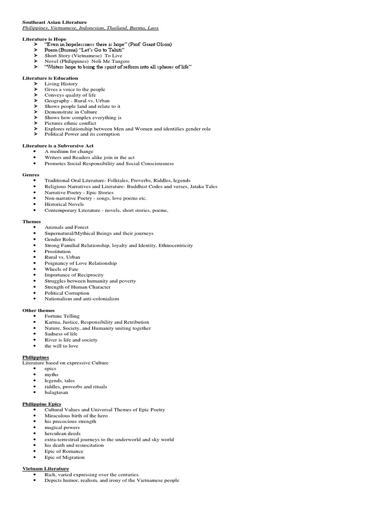 Southeast Asian Literature Handouts | PDF | Archetype | English Literature