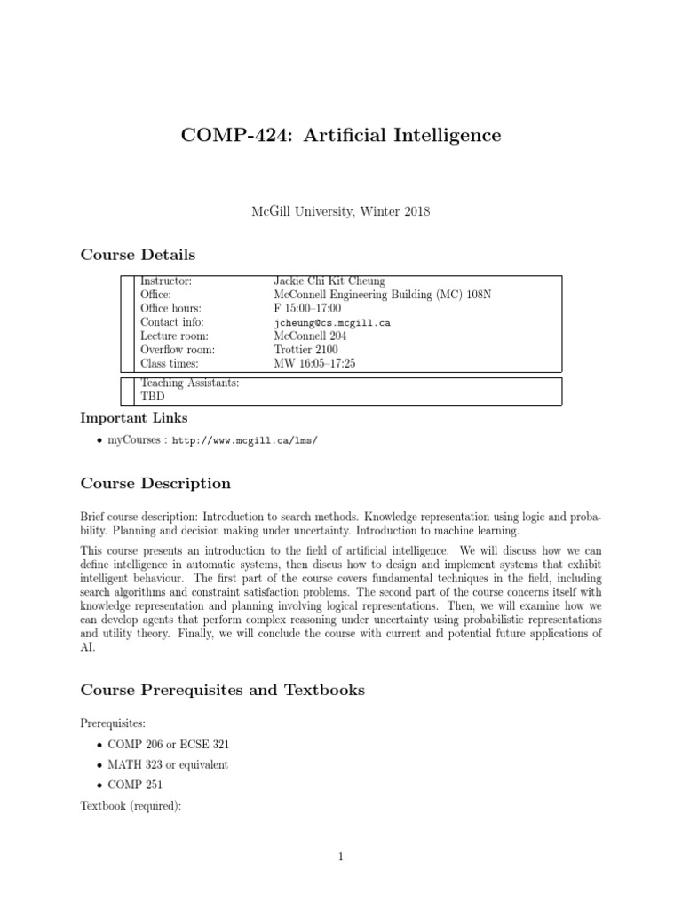 COMP 424 Syllabus | PDF | Knowledge Representation And Reasoning ...