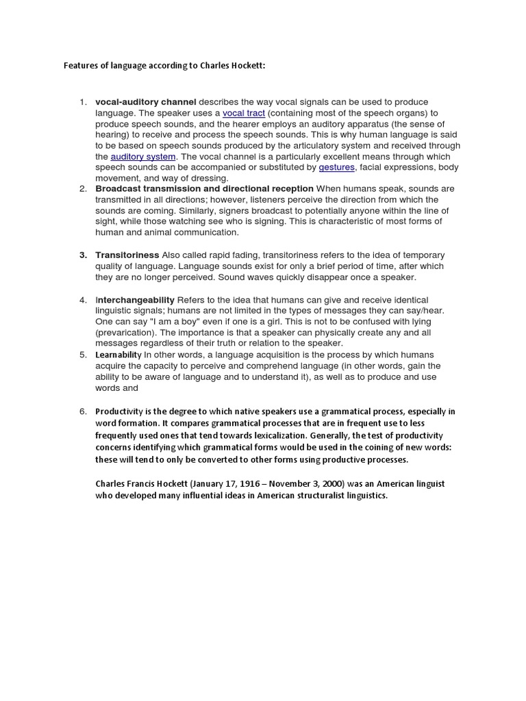 Features of Language According To Charles Hockett | PDF | Speech | Sound