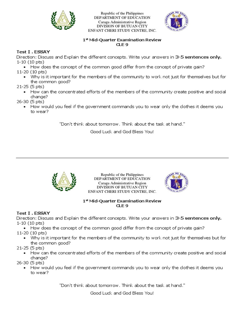Mid-Quarter Exam Review: CLE 9 Essay Topics | PDF
