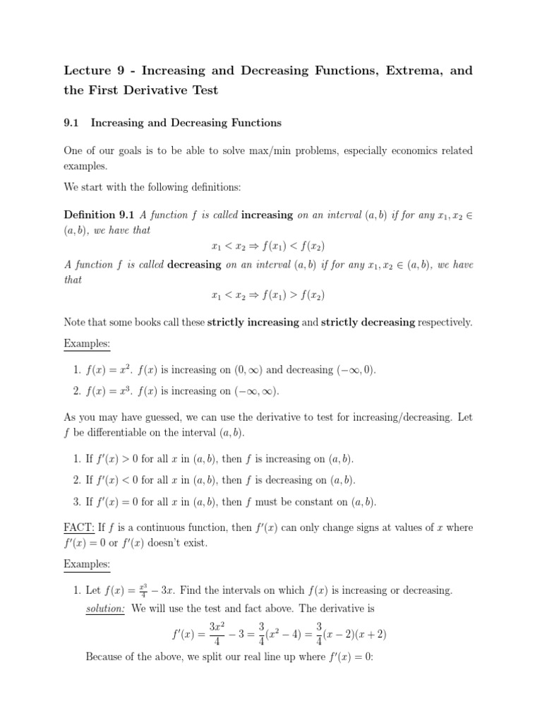 Lecture 9 - Increasing and Decreasing Functions, Extrema, and The First ...