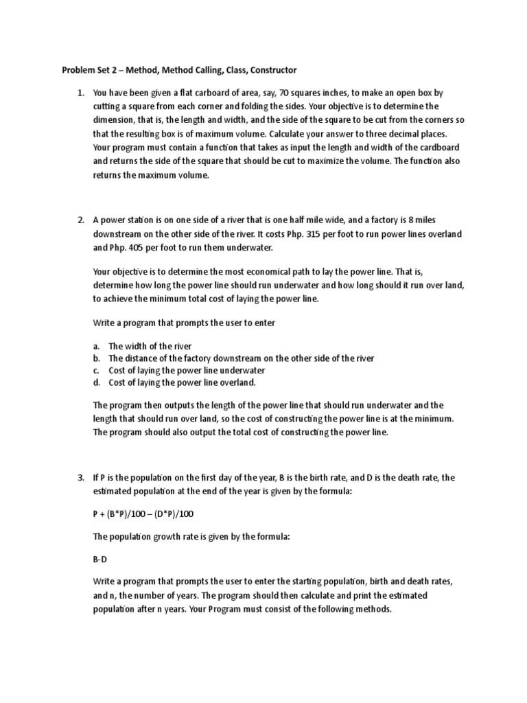 Problem Set 2 - Method, Method Calling, Class, Constructor | PDF ...