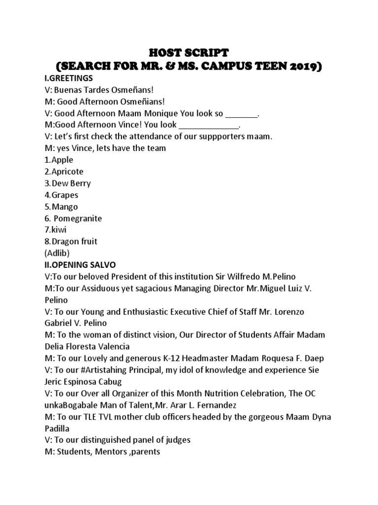 Host Script (Search For Mr. & Ms. Campus Teen 2019) : I.Greetings | PDF ...