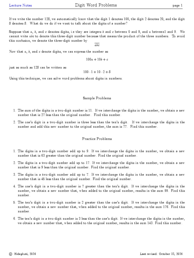 Digit Problems | PDF | Numbers | Equations