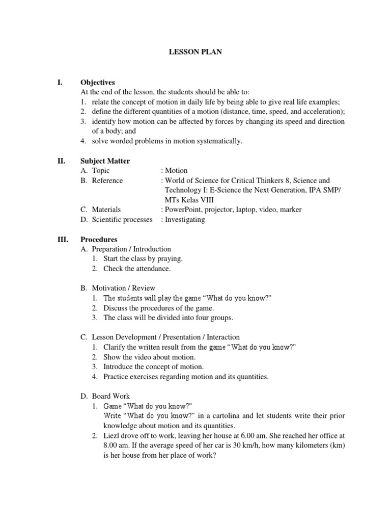 Lesson Plan - Motion | PDF | Speed | Acceleration Lesson Plan - Motion | PDF | Speed | Acceleration