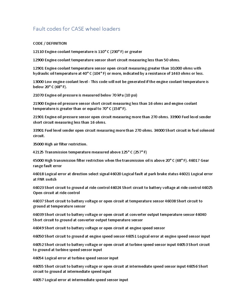 Fault Codes For CASE Wheel Loaders (PDF, EnG, 125 KB) | PDF | Fuel ...