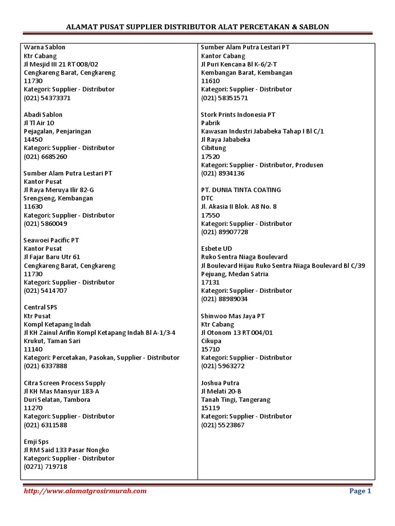 Alamat PST Supplier Distributor Alat Percetakan & Sablon | PDF