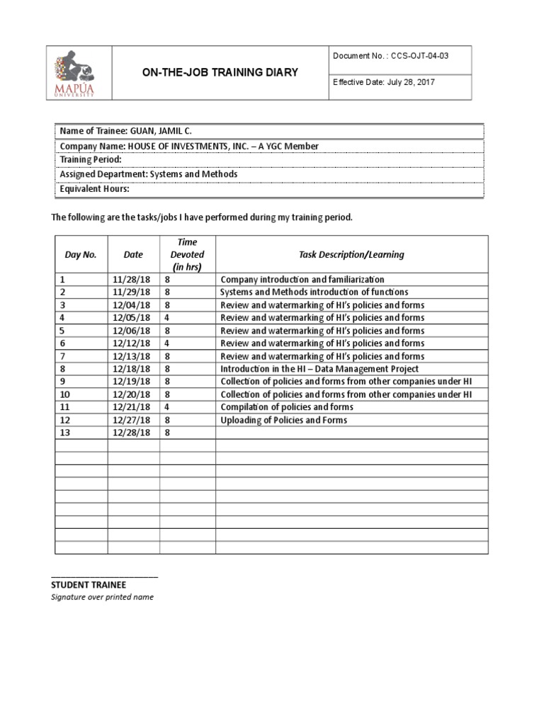 OJT Diary Template | PDF | Behavior Modification | Cognition