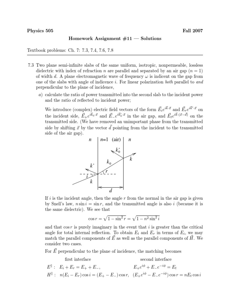 Physics 505 Homework Assignment #11 Solutions | PDF | Waves | Refractive Index