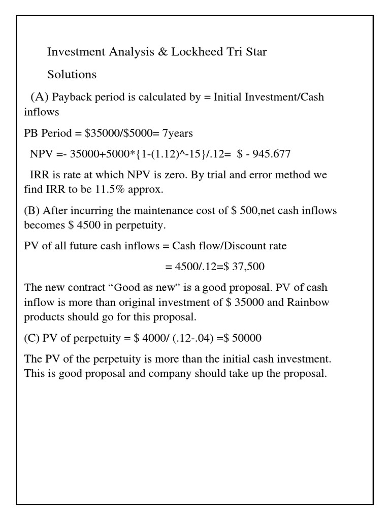 Investment Analysis & Lockheed Tri Star Solutions (A) | PDF